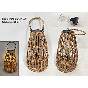 COLLECTIVE HOME - Outdoor Rattan Lantern, Solar Lantern with Handle, Summer Garden Decor, 15" Patio Waterproof Hanging Table Natural Lamp Lights, Wedding Home Decoration, Auto On/Off