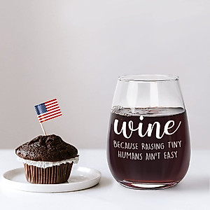 DAZLUTE Raising Tiny Humans Ain’t Easy Stemless Wine Glass, Mother’s Day Father’s Day Christmas Birthday Gag Gifts for Dad Mom New Parents Women Men from Kids Wife Husband, Funny 15Oz Wine Glass