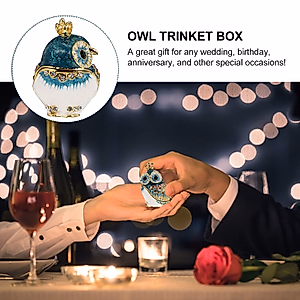 VOSAREA Owl Trinket Box Hand Painted Metal Hinged Jewelry Box Enameled Crystals Rings Earrings Necklace Storage Container Animal Figurine Collectible for Home Decor Blue