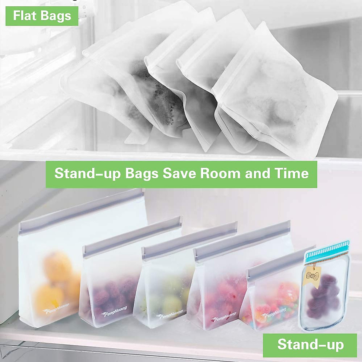 12 Reusable Food Storage Bags,STAND UP Reusable Freezer Bags,Snack,Lunch,Sandwich Ba
