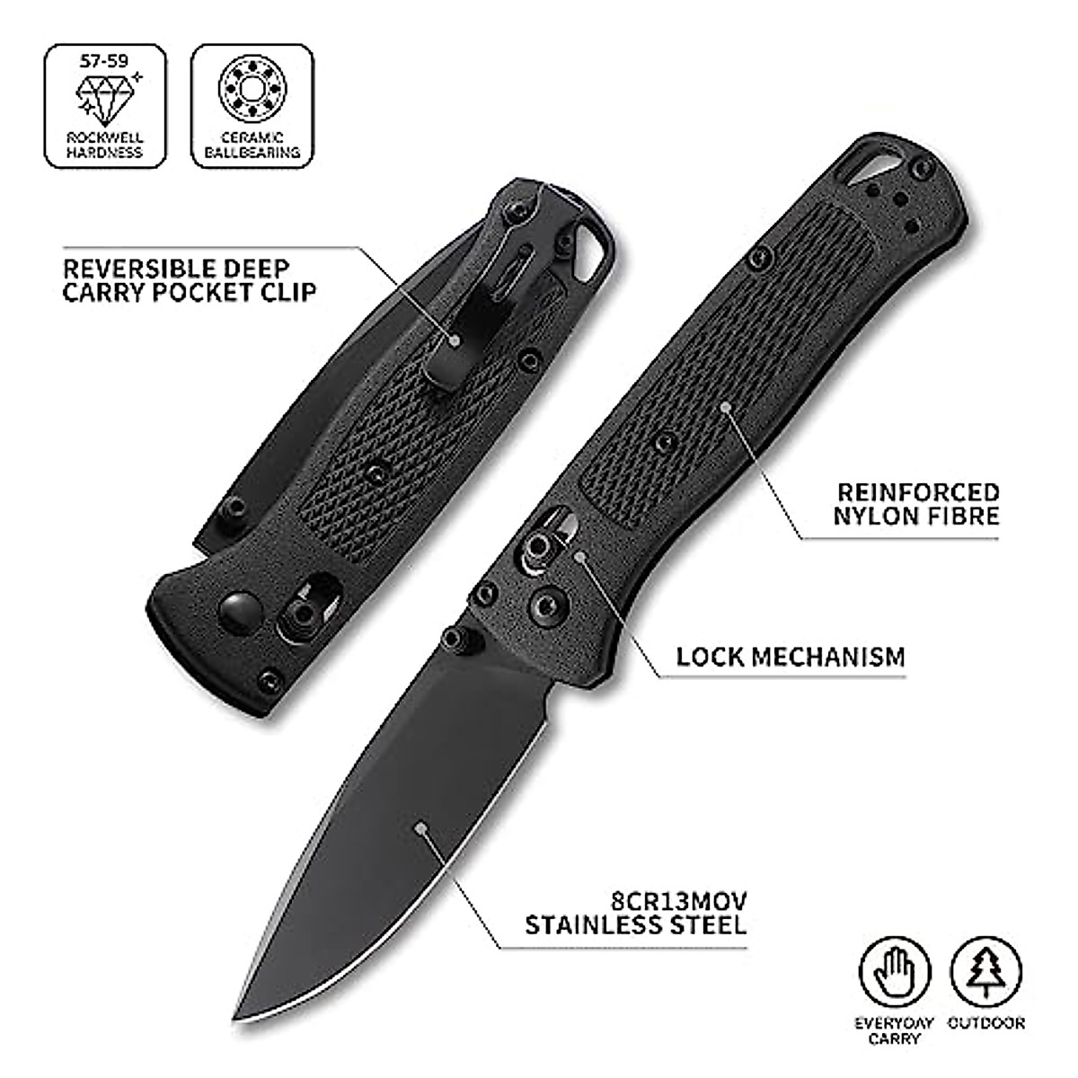 folding knives EDC for men,7.4Men's manual pulley opening，8Cr13MoV Blade，Reinforced nylon fiber shank，folding knife with clip，Camping, wild fishing, good partner (black)