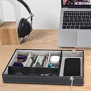 Procase PU Valet Tray for Dad Gift from Son Daughter - Nightstand Organizer EDC Dump Catchall Trays with Phone Charging Station, Dresser Top Entryway Faux Leather Storage Box -Black