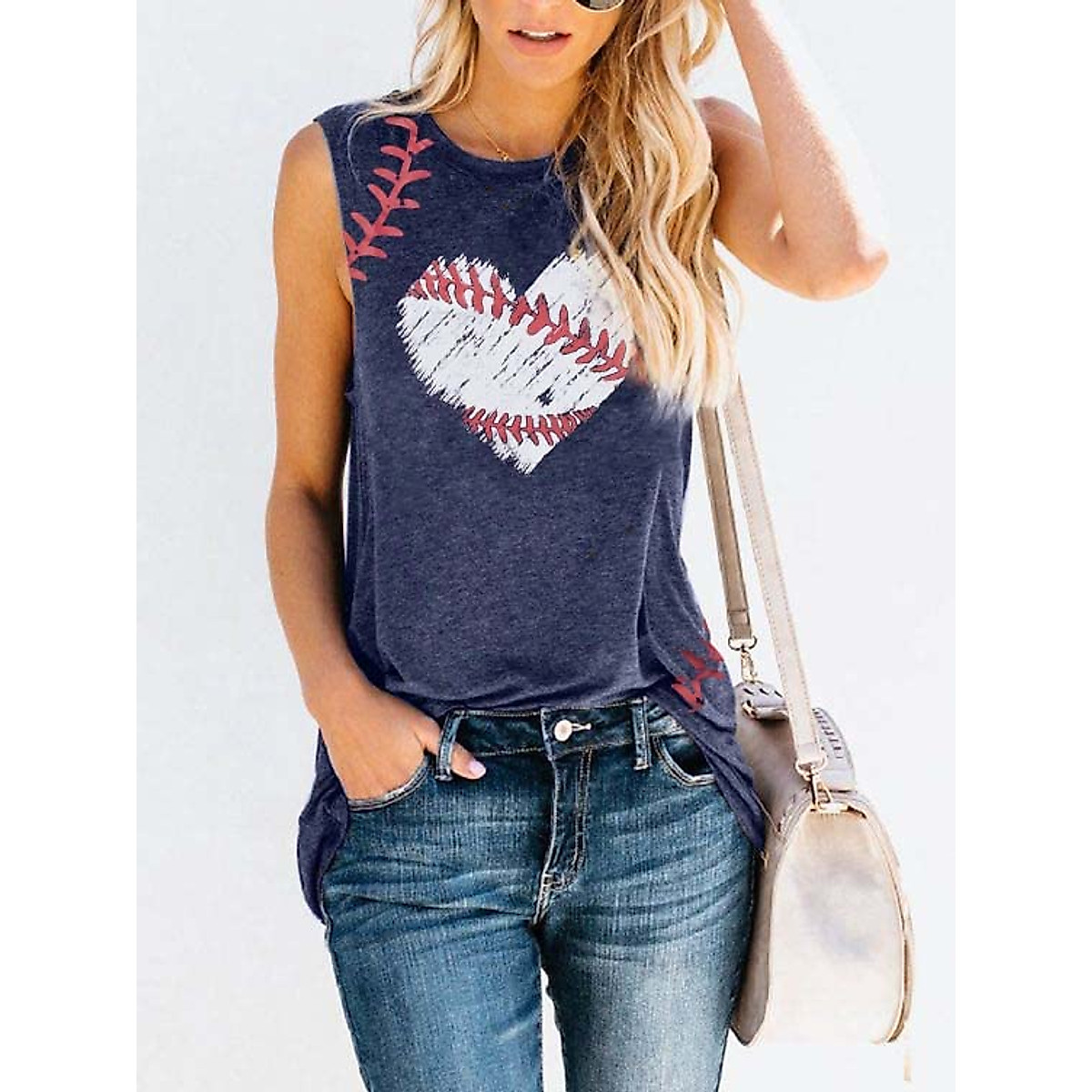 Baseball Tank Tops Women Baseball Heart Print Shirt Funny Play Ball Tank Casual Sleeveless Vest Summer Graphic Tee Top Blue