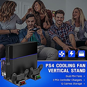 Kawaye PS4 Stand Cooling Fan for PS4 Slim/ PS4 Pro/Regular PlayStation4, PS4 Vertical Stand Controller Charger Station for Dual Charging, PS4 Accessories with Game Storage for Playstation Consoles