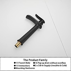 Black Bathroom Faucet GGStudy Single Handle One Hole Farmhouse Waterfall Bathroom Vessel Sink Faucet Matte Black Matching with Pop Up Drain