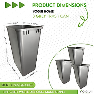 Yogui Home Living Plastic Trash Can - Indoor Garbage Bin for Kitchen, Home, Office and Commercial Use - Large Waste Disposal Tub, Plastic Waste Container- 12-Gallon (50 Quart - 3 Pack, Grey)