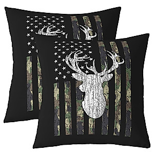 American Flag Cushion Covers 18x18 Set of 2, Deer Hunting Camo Throw Pillow Covers For Outdoors Car Chair, Military Camouflage Pillow Covers, Western Rustic Farmhouse Stars Stripes Cushion Cases