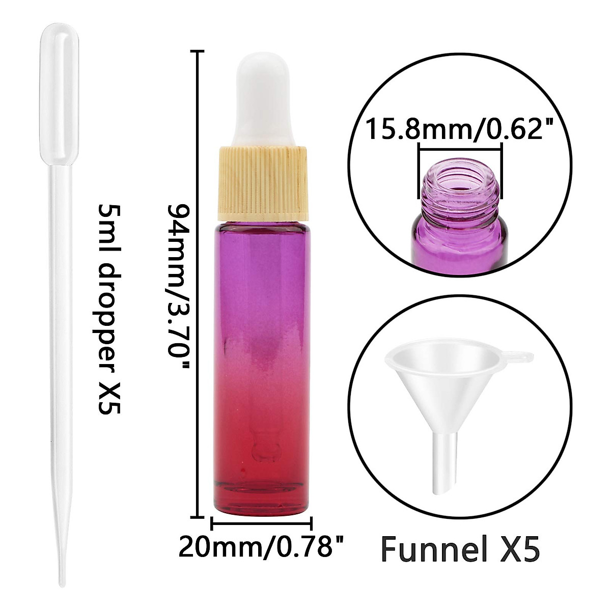 Kesell 10Pcs 10ml Dropper Bottle Purple-red Gradient Color Glass Vial With Dropper Empty Perfume Oil Bottles, 5pcs Funnels + 5pcs 5ml Transfer Dropper