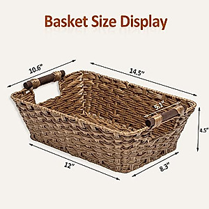 ROSOS Wicker Baskets 2 Pack, Washable Big Wicker Baskets for Storage with Wooden Handles, Waterproof Plastic Wicker Storage Basket for Shelves, Large Wicker Basket in Size 14.5"x10.6"x4.5", Brown
