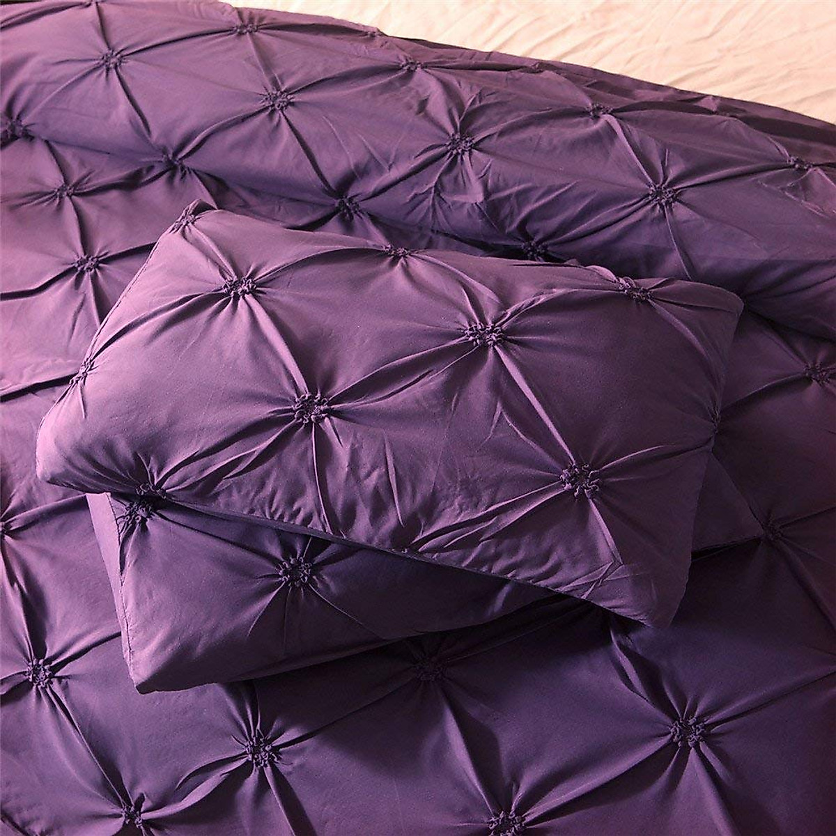 Feelyou Pintuck Duvet Cover Set King Size Purple Pinch Pleat Duvet Cover Tufted Design Bedding Set Zipper Soft Polyester Comforter Cover with 2 Pilllow Shams, Solid Geometric 3 Pieces