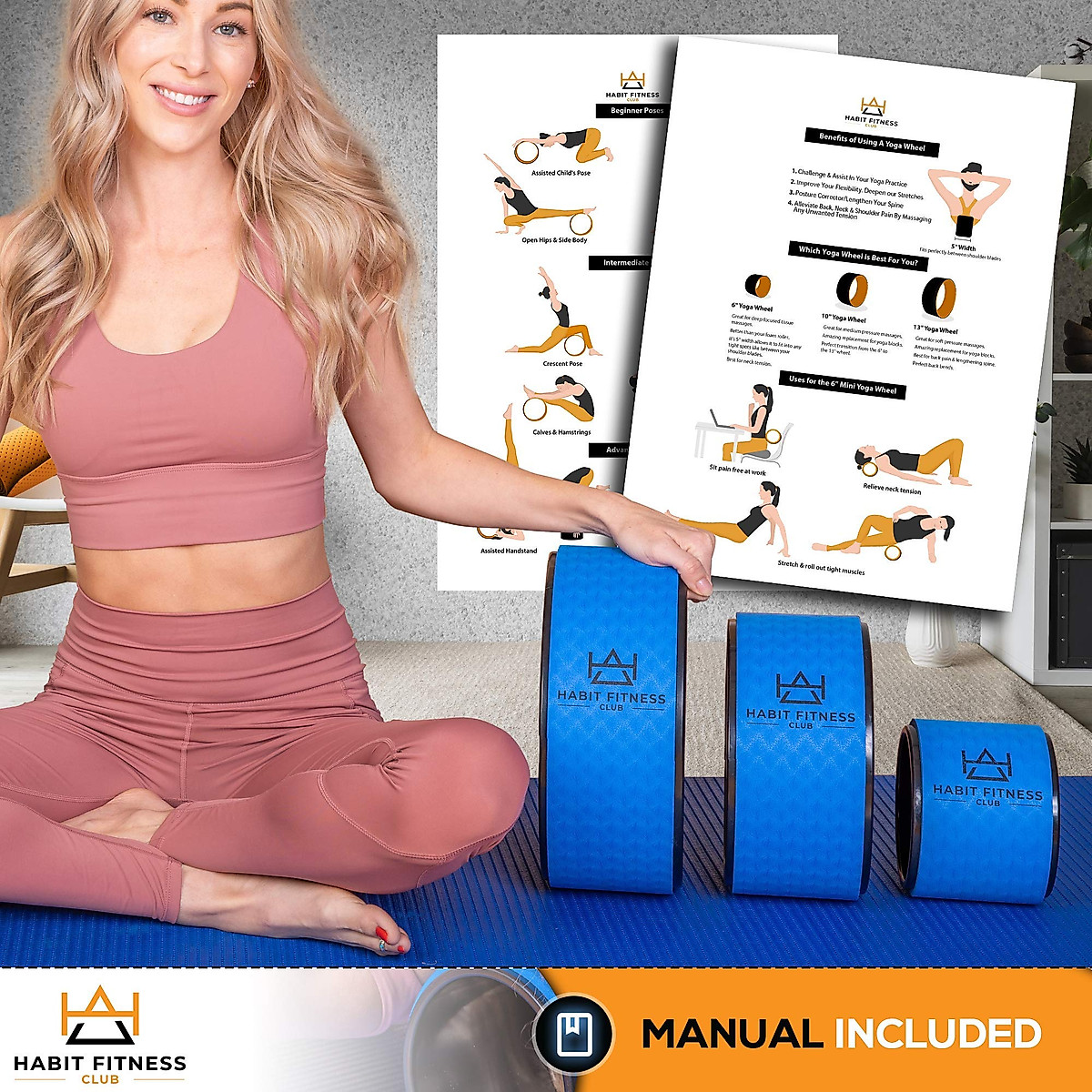 Habit Fitness Club - Yoga Wheel Set (Pro Series)- Best Roller Wheels for Relieving Back Pain, Correcting Posture & Yoga Pose & Stretching Assistant