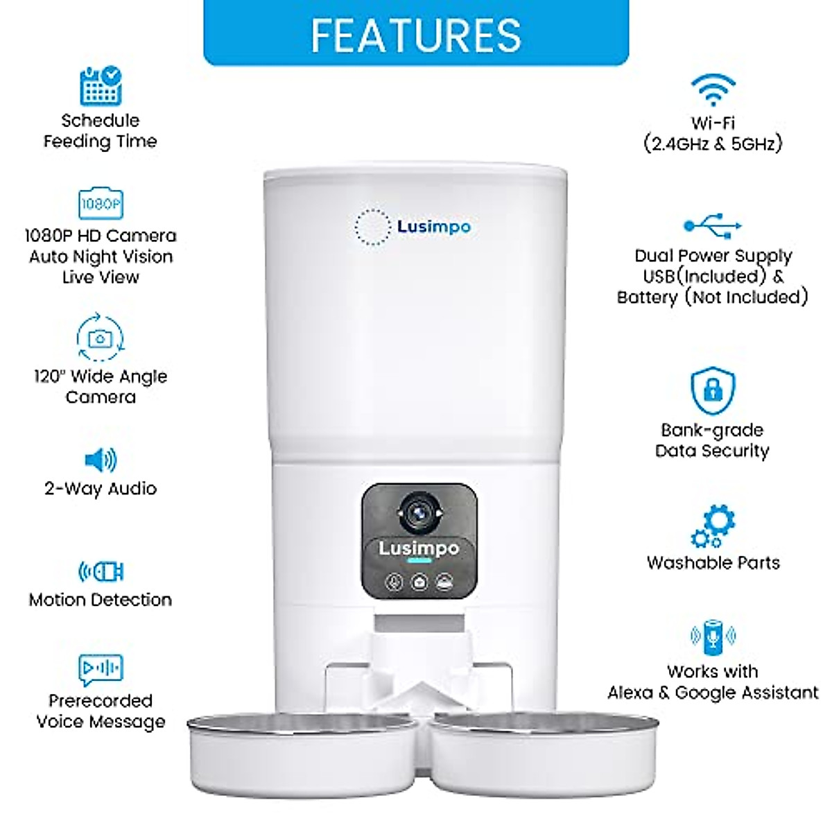 LUSIMPO Automatic Dual Pet Feeder with 1080P HD Camera for 2 Dogs/Cats, Double Bowls, Dog/Cat Feeder with Camera, Free App Control, Scheduled Feeding, Auto Night Vision, Extra Large Food Capacity 7L