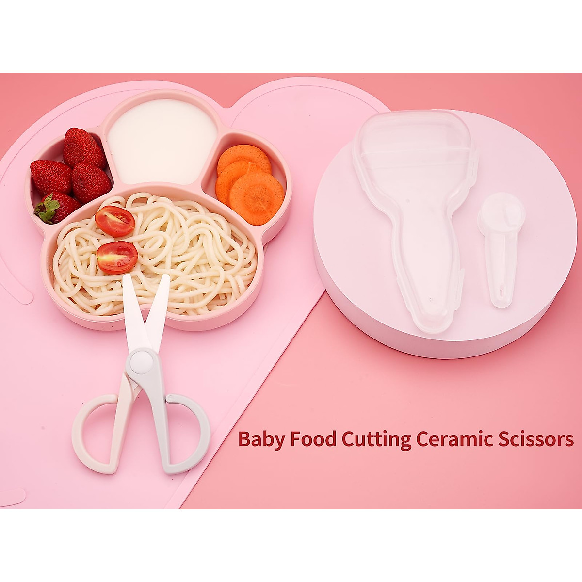 Ceramic Scissors for Baby Food Cutting, Safety Healthy BPA Free Toddler Feeding Shears with Protective Blade Cover and Portable Travel Case-Pink/Grey