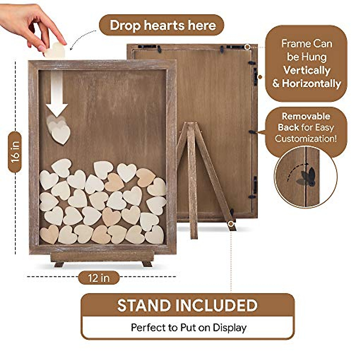 GLM Wedding Guest Book Alternative with Sign, 85 Hearts and 2 Large Hearts, Guest Book Alternatives, Alternative Guest Book Wedding Reception, Guest Sign in Wedding Decorations for Reception (Brown)