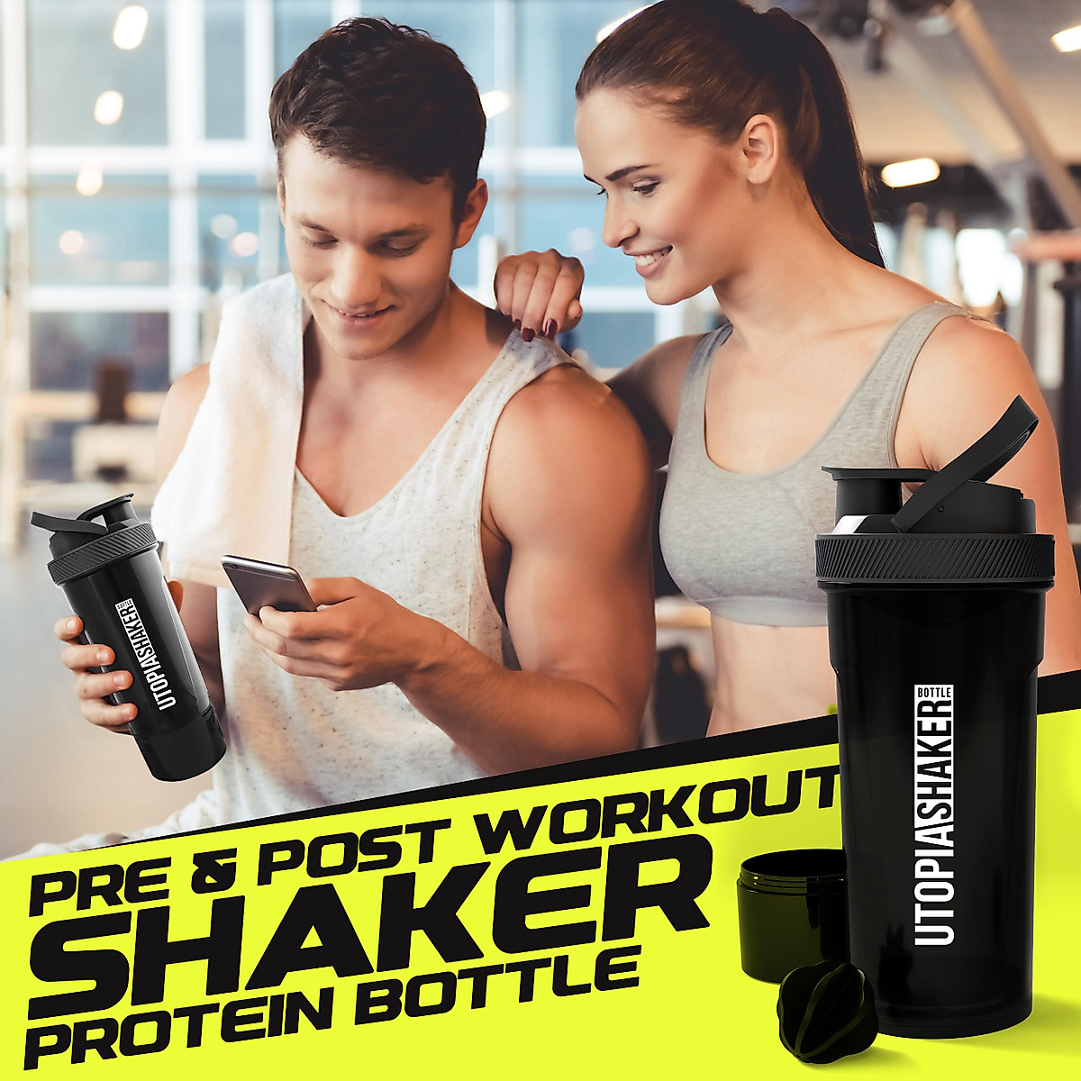 Utopia Home 2-Pack Shaker Bottle - 24 Ounce Protein Shaker Bottle for Pre & Post workout drinks - Classic Protein Mixer Shaker Bottle with Twist and Lock Protein Box Storage(All Black & Clear/Black)