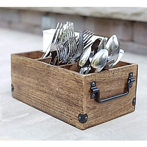Mango Wood Utensils Caddy, Holder for Spoons, Forks, Knives, Salt Pepper, Napkins, Silverware Organizer, Flatware Holder (10.5 X 6.5 X 4.5 Inches)