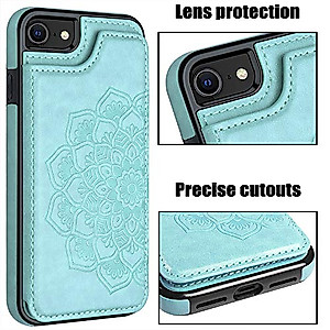 MMHUO for iPhone 7/8/SE 2020/SE 2022 Case with Card Holder,Flower Magnetic Back Flip Case for iPhone 7/8/SE 2020 Wallet Case for Women,Protective Case Phone Case for iPhone 7/8/SE 2020/SE 2022,Mint