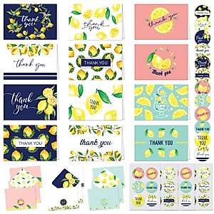 Decorably Thank You Cards with Envelopes & Stickers - 24 Pack Lemon Thank You Cards with Envelopes & Stickers, Blank Inside Lemon Note Cards, 6x4 Citrus Thank You Cards Bridal Shower Card, Lemon Card