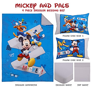 Mickey Mouse Toddler Bedding Set - Disney Mickey Mouse and Pals 4 Piece Bedding Includes Fitted Sheet, Pillowcase, Top Sheet, and Comforter Quilt - Blue