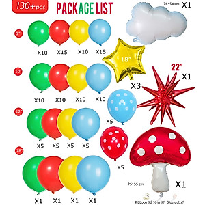 Red Blue green Yellow balloon garland Kit 130Pcs with Cloud mushroom Star balloons for Cartoon & Video Game theme Super bros Birthday inspired Party Decorations