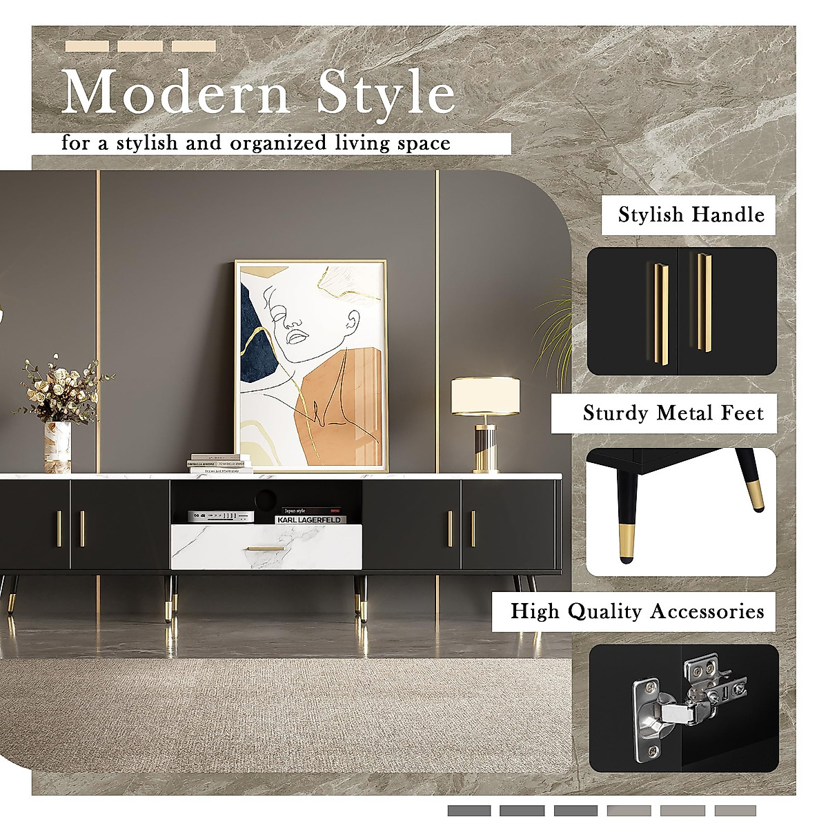 Merax Modern TV Stand for 80 Inch TV, 70 Inch Black & White TV Stand with Storage Cabinets, Drawer, and Open Space, Universal Entertainment Center Media Console for Living Room, Bedroom, Office