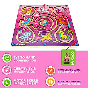 QUOKKA Magnetic Travel Toddler Games 2 3 Year Olds - Maze Montessori Unicorn Toys for Kids Ages 1-3-5 Wooden Learning Activities Board for Plane Road Car Trip - Gift for Boy & Girl