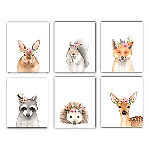 Designs by Maria Inc. Set of 6 UNFRAMED Floral Crown Animal Posters | Woodland Nursery Decor | Watercolor Animal Wall Decor | Baby Decor For Nursery Wall Art | Baby Room Wall Decor For Kids (8"x10")