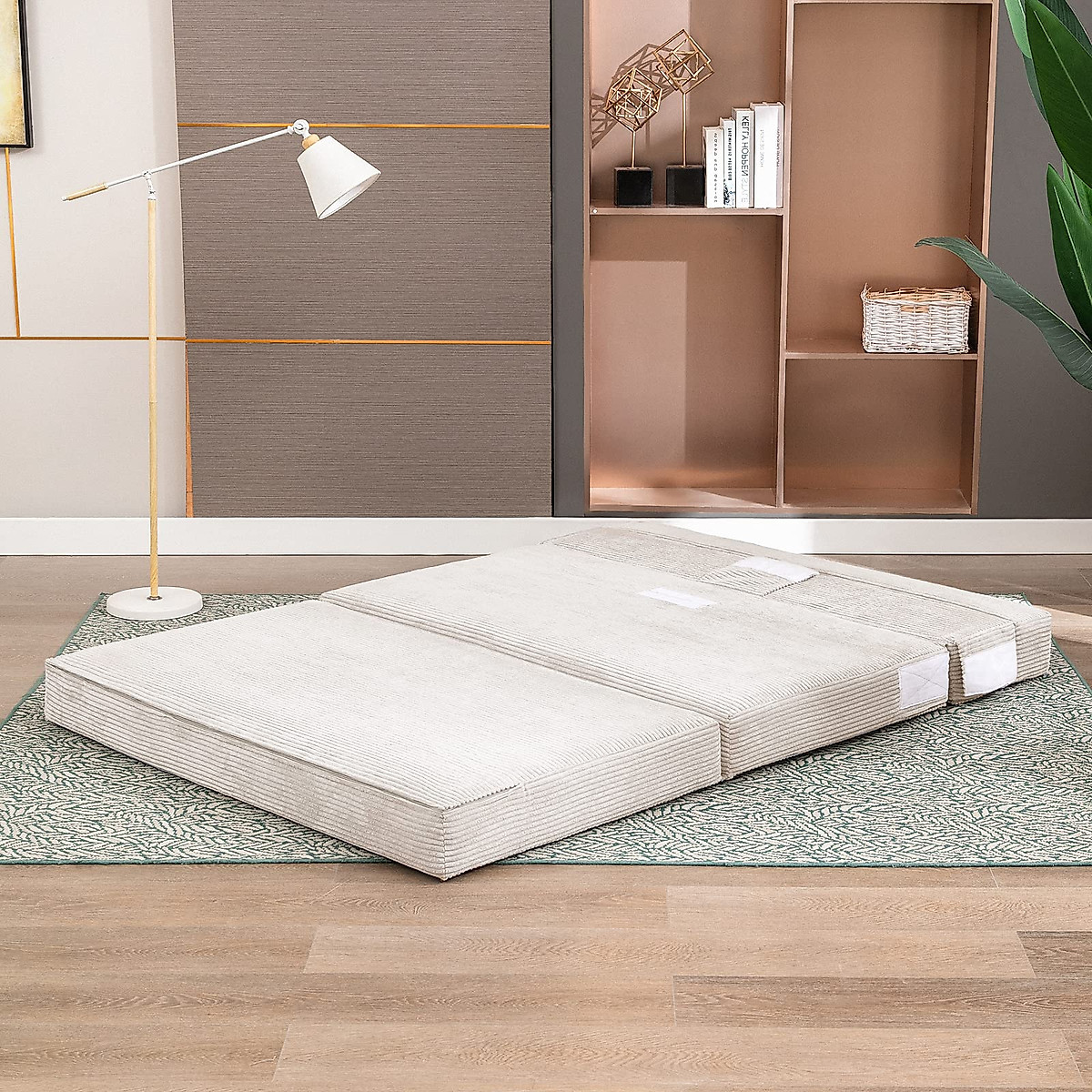 Mixoy Folding Sofa Mattress, Tri Fold Sofa Chair Bed 6.3”,Upholstered Guest Chaise,Floor Couch Sleeper,Folding Futon Sofa Bed Lounge Chaise for Guests,Living Room and Bedroom(Full Size,Beige) 1