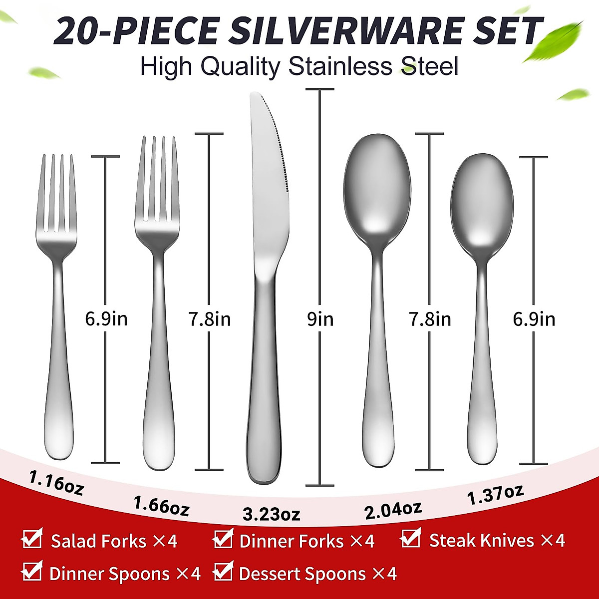Xingjiake 20 Piece Bright Silver Silverware Set, Kitchen Utensils Set, Silverware Cutlery Flatware Set For 4, Stainless Steel Forks And Spoons Cooking Flatware Serving Set, Dishwasher Safe