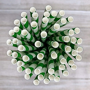 Green Striped Paper Straws - Green White Stripe - Christmas St Patrick's Birthday Supply - 7.75 Inches - 50 Pack