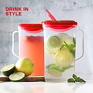 Pitcher 50 Oz. | Plastic Pitcher with Lid | Jug for Fridge | Juice Container with Lid | Iced Tea Pitcher | Airtight Pitcher with Spout Perfect for Lemonade, Water. BPA Free, Red (Small))