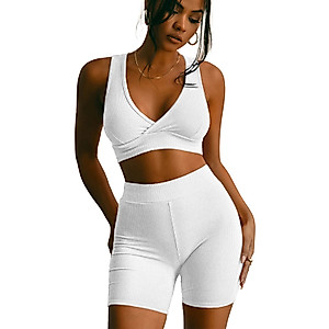 Plilima Casual Workout Sets Two Piece Outfits for Women Ribbed Crop Tank Top High Waist Leggings Yoga Outfits Short Sets XL
