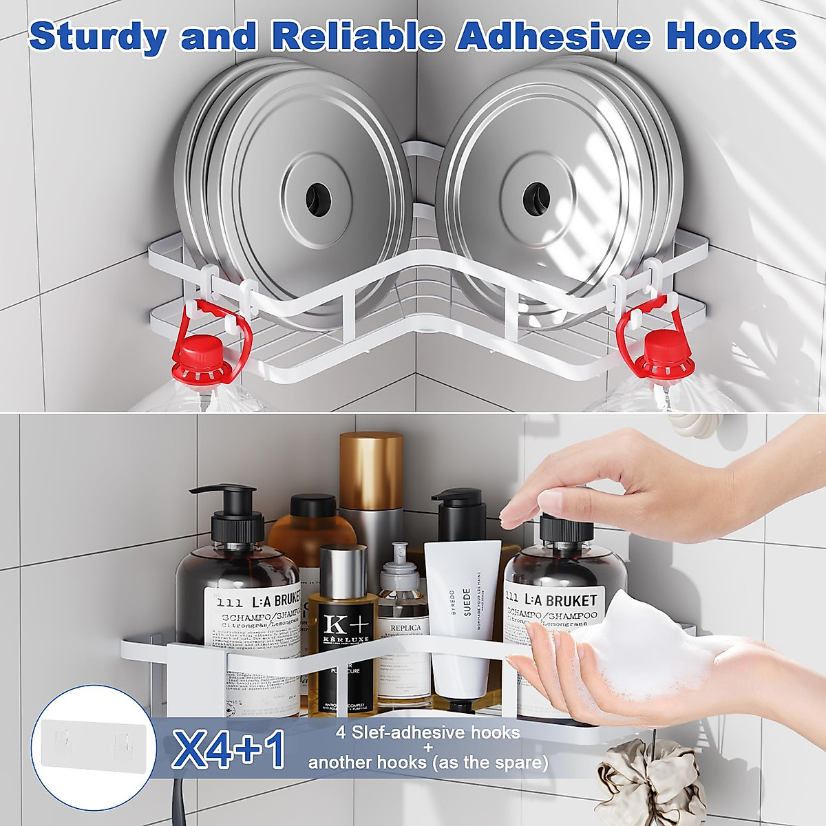 ZUXEFO Corner Shower Caddy Adhesive, Shower Corner Shelves Hanging No Drilling, Wall Mounted Rustproof Bathroom Shampoo Holder Organizer for Inside Shower (Bright White)