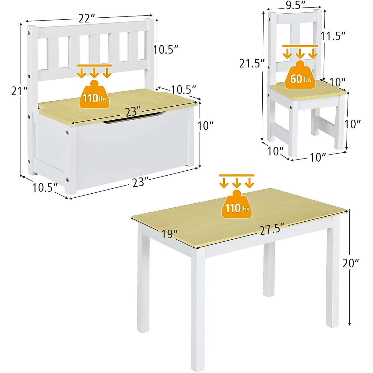 HONEY JOY Kids Table and Chair Set, Toddler Table and 2 Chairs Set w/Toy Storage Bench, 4-Piece Children Wooden Activity Table & Chair Set for Daycare Playroom, Gift for Boys Girls(Natural)
