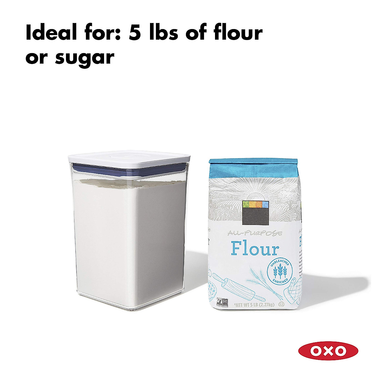 OXO Good Grips 6 Piece Large Canister Set with Scoops, 4.4 qt each, White & Good Grips 3-PC Small Square Short POP Container Set