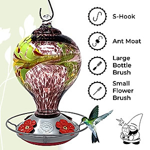Hummingbird Feeder by Grateful Gnome - Large Hand Blown Stained Glass Feeder for Garden, Patio, Outdoors, Window with Accessories S-Hook, Ant Moat, Brush - 36fl oz, Large Purple Egg Design
