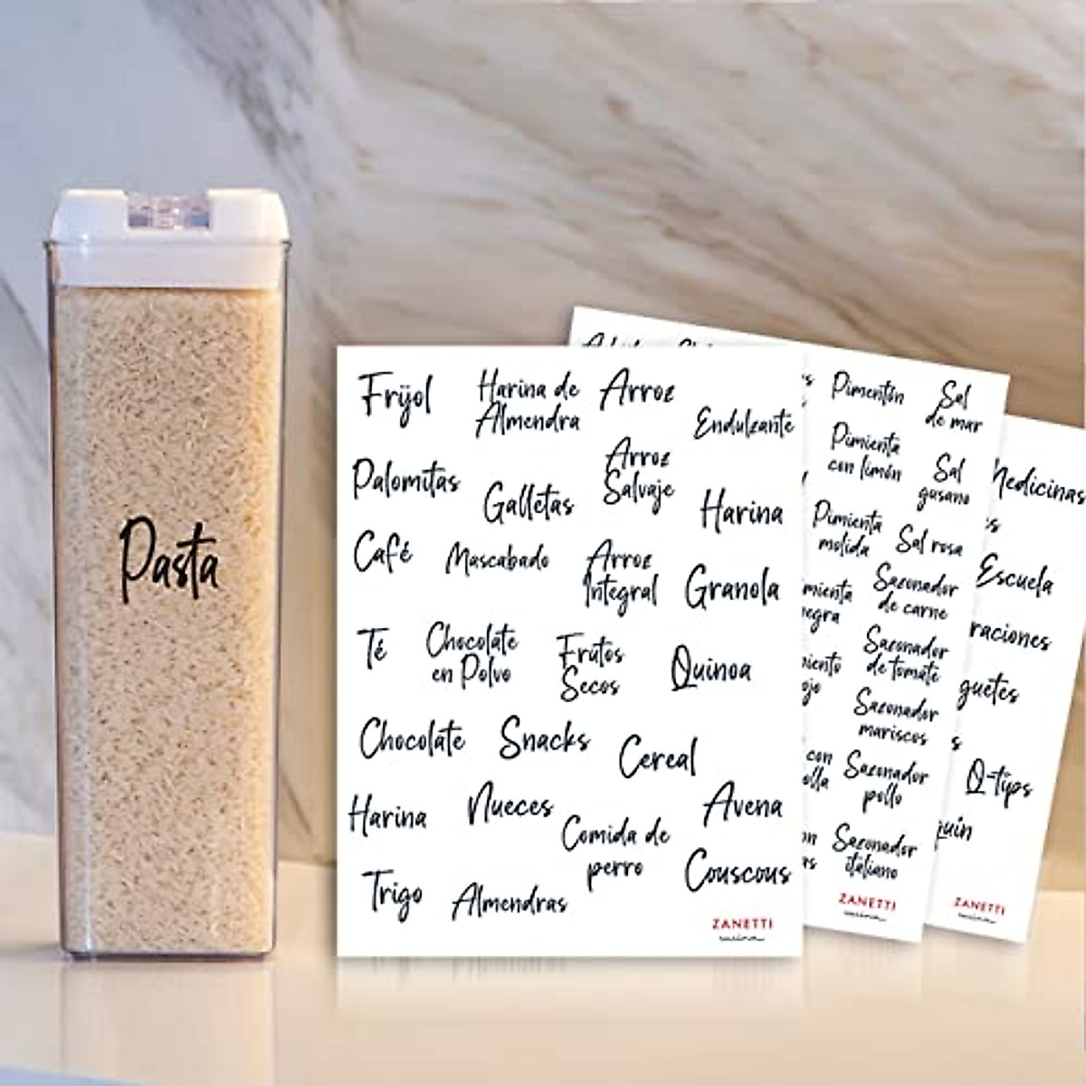 Zanetti Pantry Labels for Food Containers, Kitchen Food Labels for Storage Canisters & Jars, in Spanish (Black)