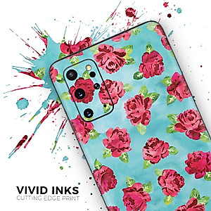 DesignSkinz Shabby Chic Flowers Over Aqua Watercolor Pattern Protective Vinyl Decal Wrap Skin Cover Compatible with The Samsung Galaxy S20 (Screen Trim & Back Glass Skin)