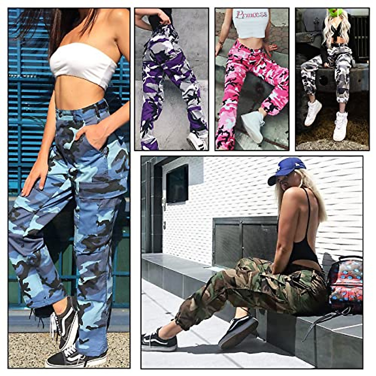 Raroauf Women's Camo Cargo Pants Casual Military Combat Work Trousers Camouflage Capri Pants with 8 Pockets White Size 10
