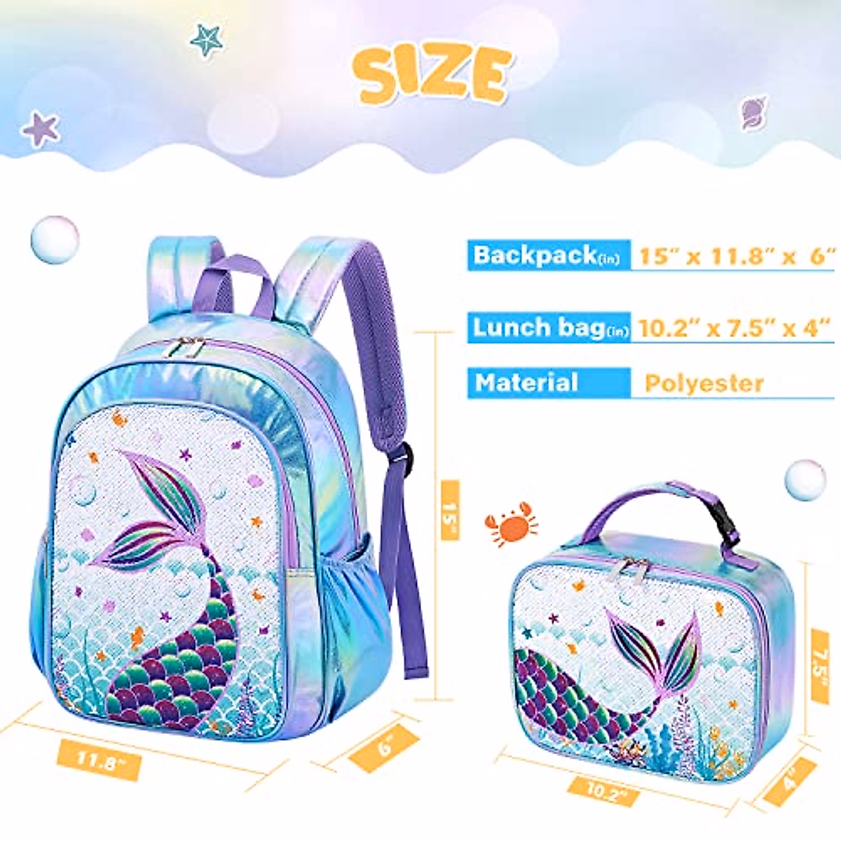 WAWSAM Glitter Mermaid Backpack Set - Sparkly School Backpack with Lunch Box for Girls Preschool Kindergarten Elementary 15” Blue Hiking Travel Book Bag Schoolbag Insulated Lunch Bag