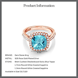 Gem Stone King 3.25 Ct Cushion Checkerboard Swiss Blue Topaz White Created Sapphire 18K Rose Gold Plated Silver Ring (Size 7)