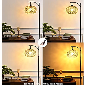 QIYIZM Rattan Floor Lamp with Remote for Living Room Bedroom Farmhouse Boho Dimmable Arc Standing Lamp Industrial Rustic Floor Light Adjustable Black Tall Lamp Corner Hand-Worked Wicker Lamp Shades