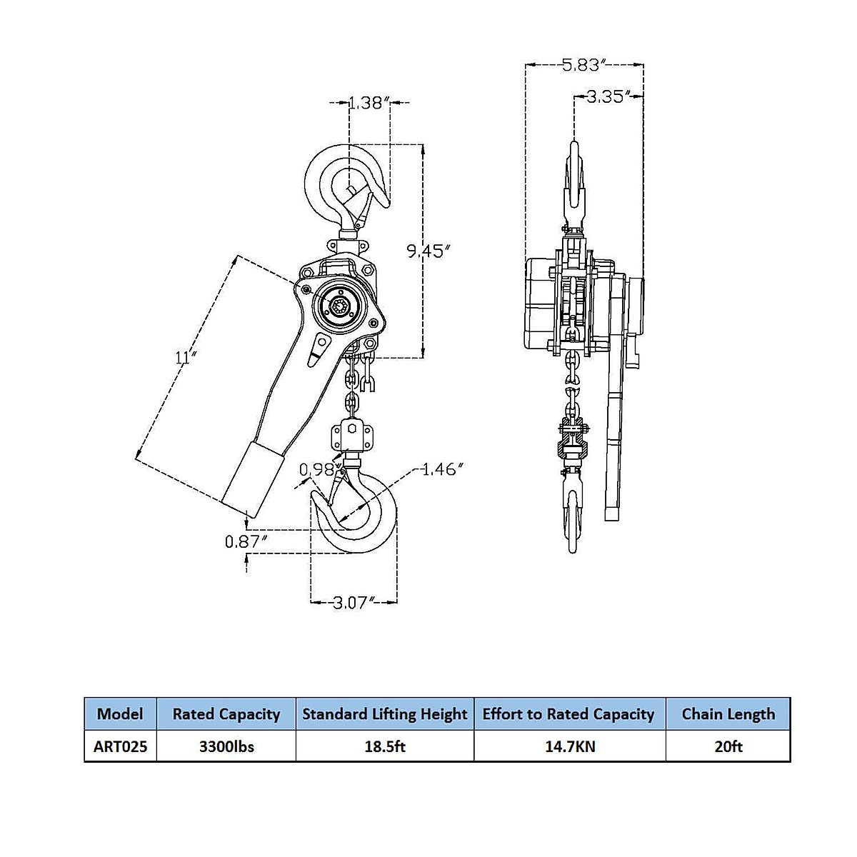 Amarite Chain Hoist Lever Hoist, 3300 Lbs, 20ft Load, Chain Manual Chain Hoist, Industrial Grade Type Connection for Lifting Hook