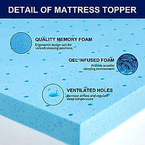 SUBRTEX 4 Inch Memory Foam Mattress Topper Ventilated Gel Infused Bed Foam Topper for Pressure Relieving, CertiPUR-US Certified, Queen, Blue