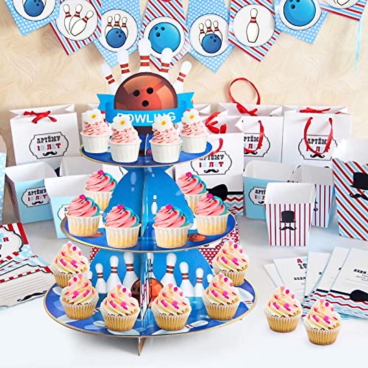 Bowling Party Decorations Cupcake Stand Cardboard 3 Tier Sports Theme Party Cupcake Tower Food Display Dessert Holders Tower Bowling Party Favors for Boy Kids Baby Shower Birthday Party Supplies