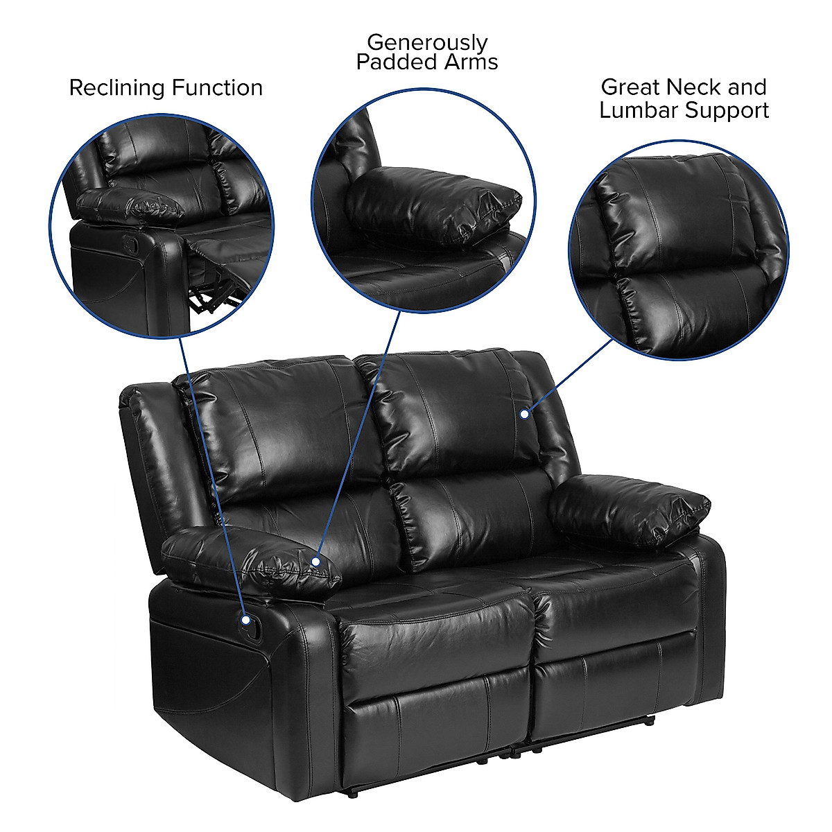 BizChair Black LeatherSoft Loveseat with Two Built-In Recliners