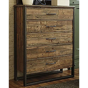 Signature Design by Ashley Sommerford Industrial Farmhouse 5 Drawer Chest with Dovetail Construction, Butcher-Block Brown, Black