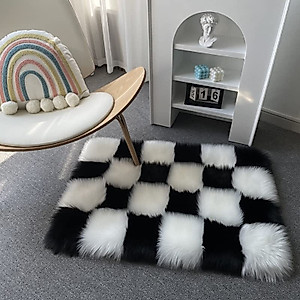 CKLZSAY Faux Fur Rug Three Layer Thick Washable Fluffy Soft Sheepskin Rug Rectangular 2x4 Feet Plush Rug for Living Room Bedroom Sofa Bedside Floor Cushion Rug (Black and White)