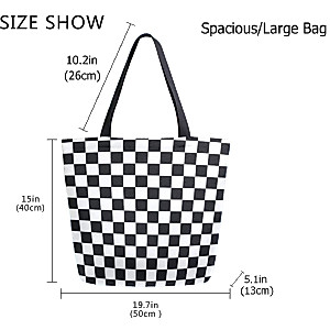 ZzWwR Stylish Racing Flag Checkers Extra Large Canvas Market Beach Travel Reusable Grocery Shopping Tote Bag Portable Storage HandBags(Black White)