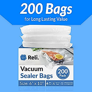 Reli. Vacuum Sealer Bags 6x10 in. | 200 Bags | Pre-Cut Embossed Vacuum Bags for Food | BPA Free | Vacuum Sealer Bags for Sous Vide, Food Storage/Food Prep | Pint Size, Clear